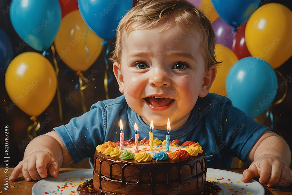 Adorable toddler celebrating their birthday a splendid Birthday cake ...