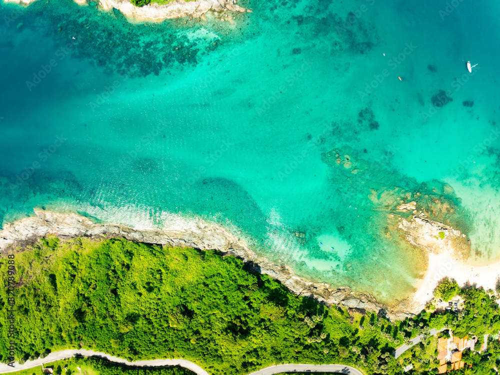 Aerial view Top down seashore background,Waves crashing on rock cliff ...