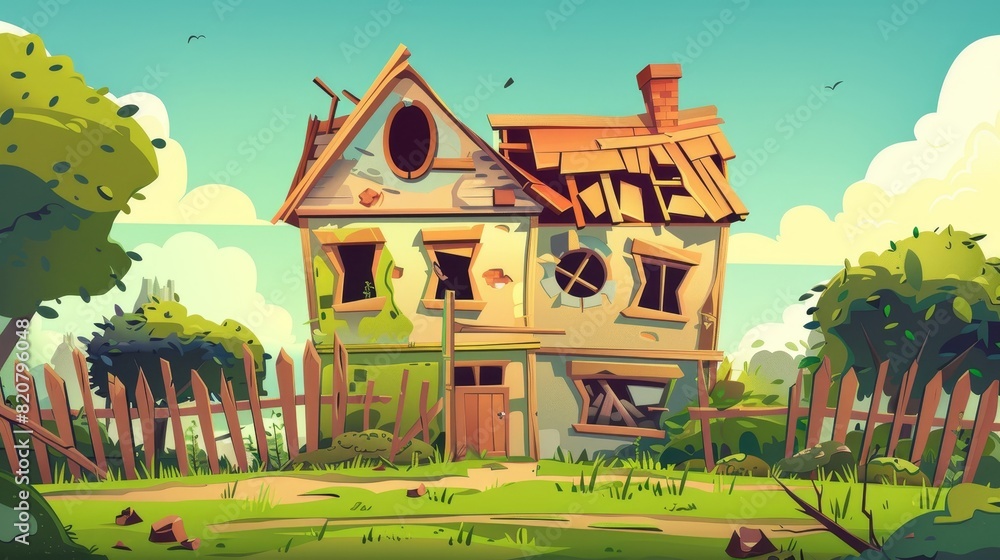 In this cartoon modern image, you will find an abandoned old broken ...