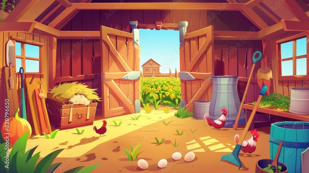 This cartoon modern illustration shows a farm barn view from inside ...