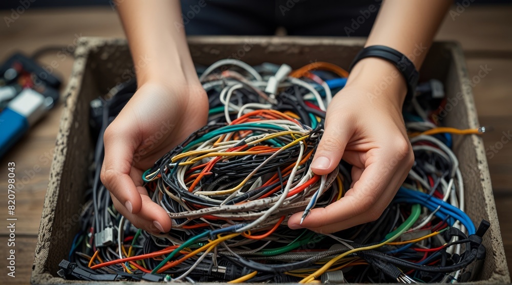Person hands holding pile of tangled old smart technology wires, used ...