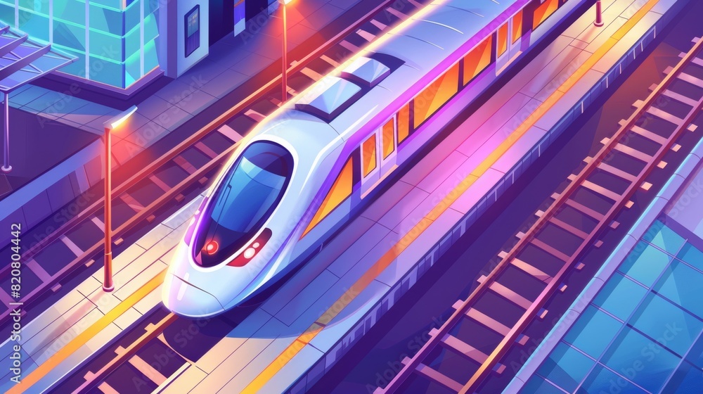 This is a flyer for high-speed trains. It has an isometric railway ...