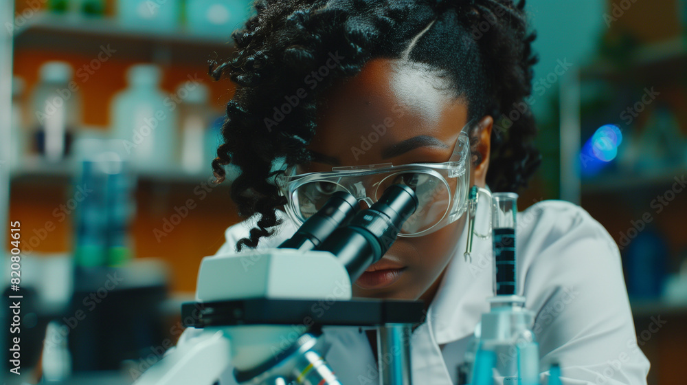 Focused Female Scientist Examining Specimen Through Microscope. A ...