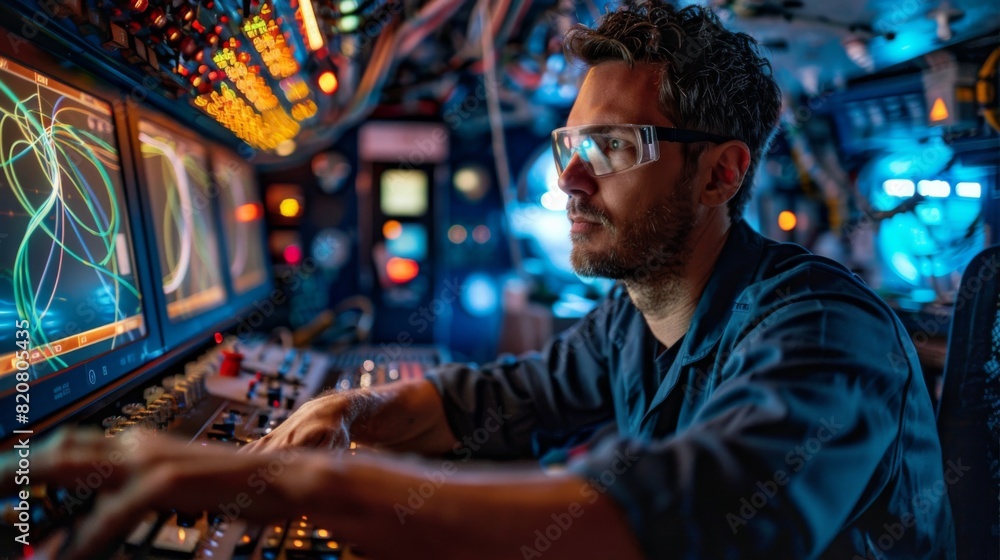 Engineer Monitoring Fiber Optic Cable Installation From A Ships Control Room Combined With