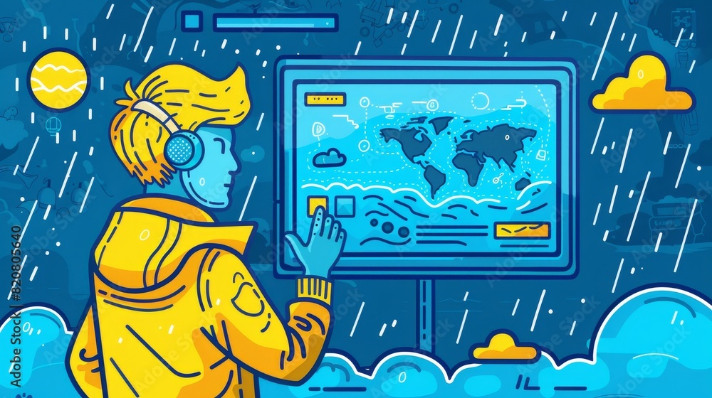 An anchorman does a meteorological report on a landing page. A TV ...