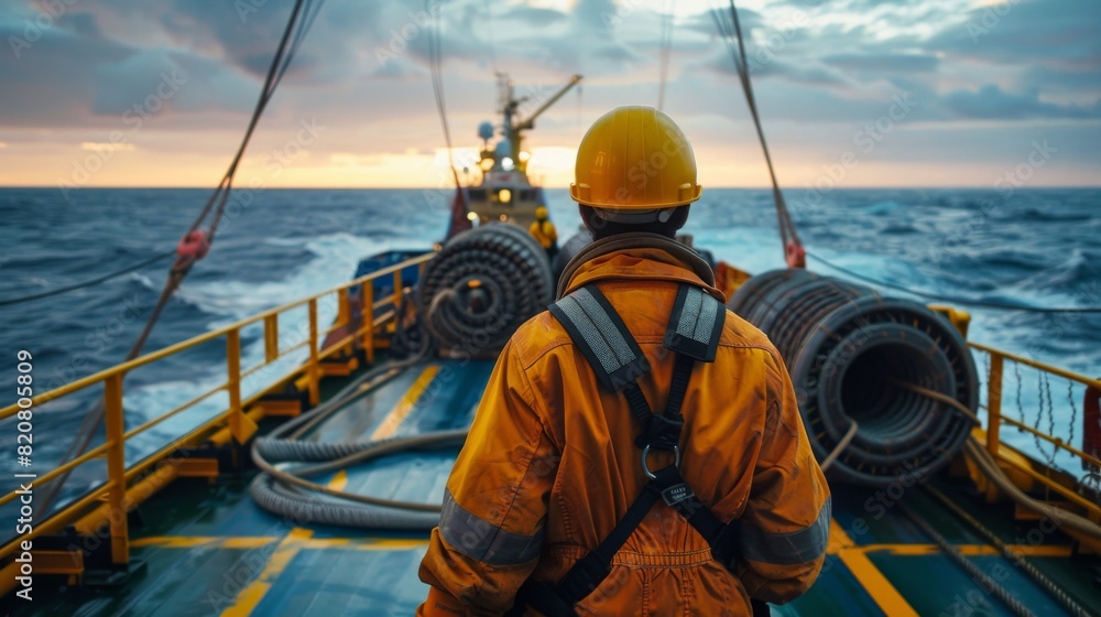 Engineer on a ship deck overseeing the installation of underwater fiber ...