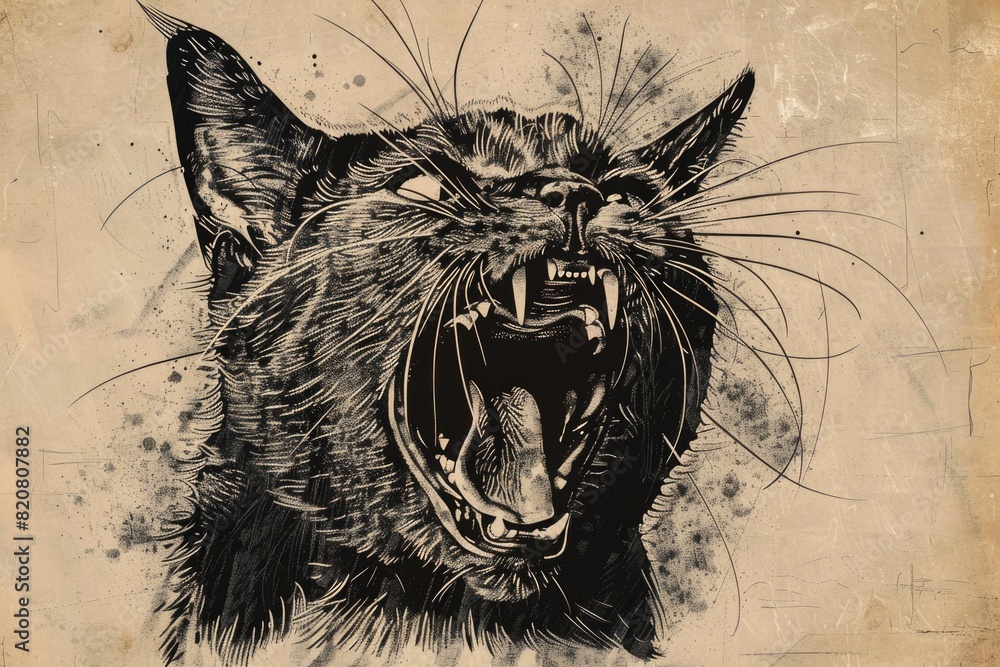 Detailed drawing of a cat with its mouth open, suitable for various ...