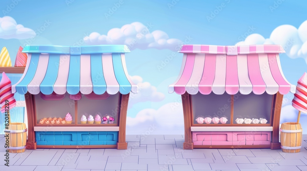 A market stall, candy shop, ice cream shop, cotton candy store building ...