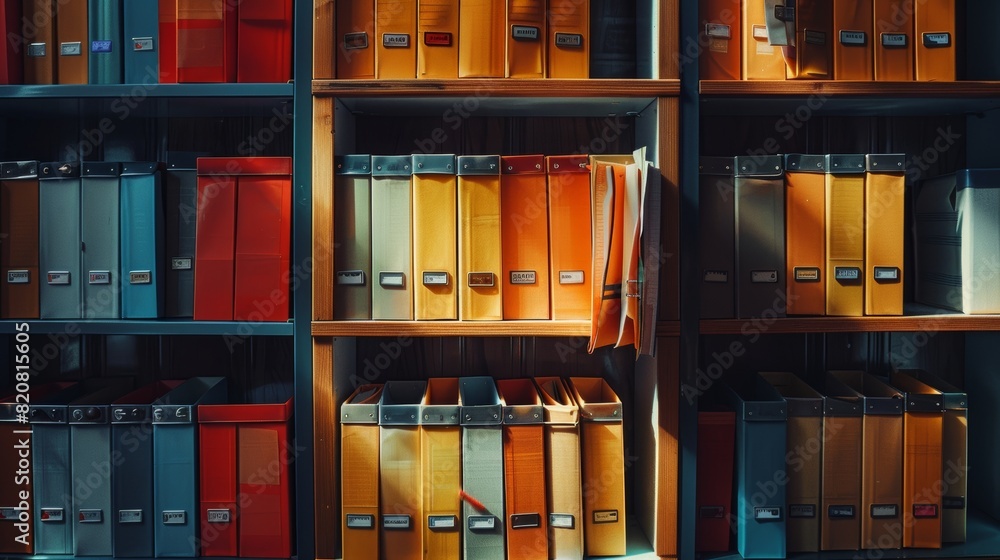 Archive system with neatly arranged folders in lockers, close-up view ...