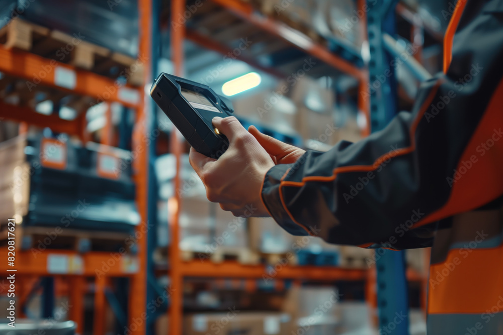 warehouse worker's hands scanning and checking inventory with a barcode ...