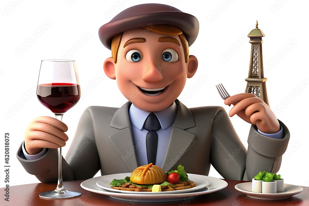 Homme français déjeunant avec la Tour Eiffel en arrière-plan, isolé sur ...