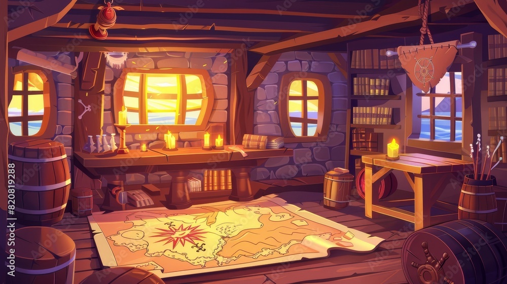 Pirate ship interior with table, barrels, candles, rum bottles and ...