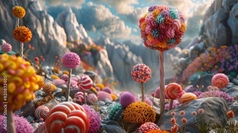 This image is an illustration of a whimsical candy land. The image ...