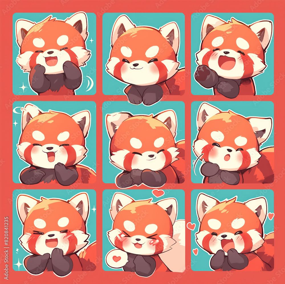 set of 9 red panda cute kawaii isolated funny and beautiful set for ...