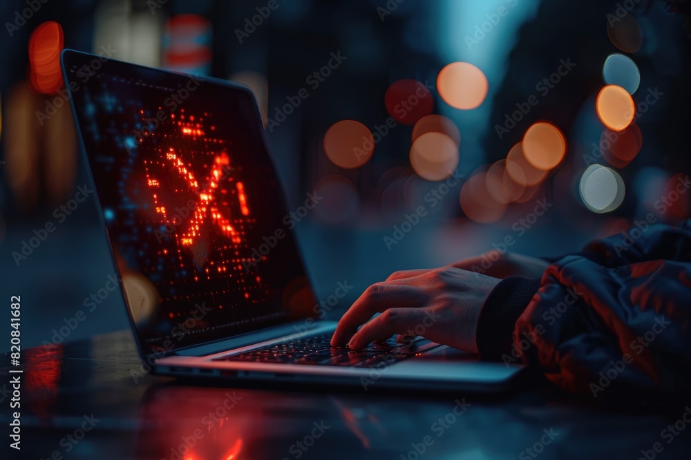 A hacker in a black hoodie types on a laptop in a dark room. A red ...