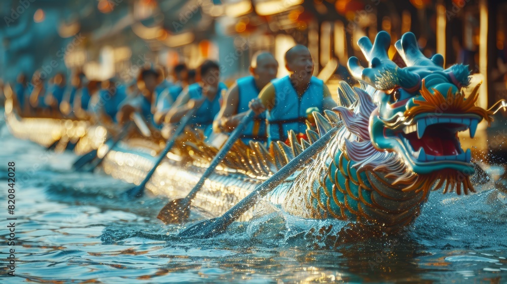 Dynamic chinese dragon boat race captured with a vibrant blue dragon ...