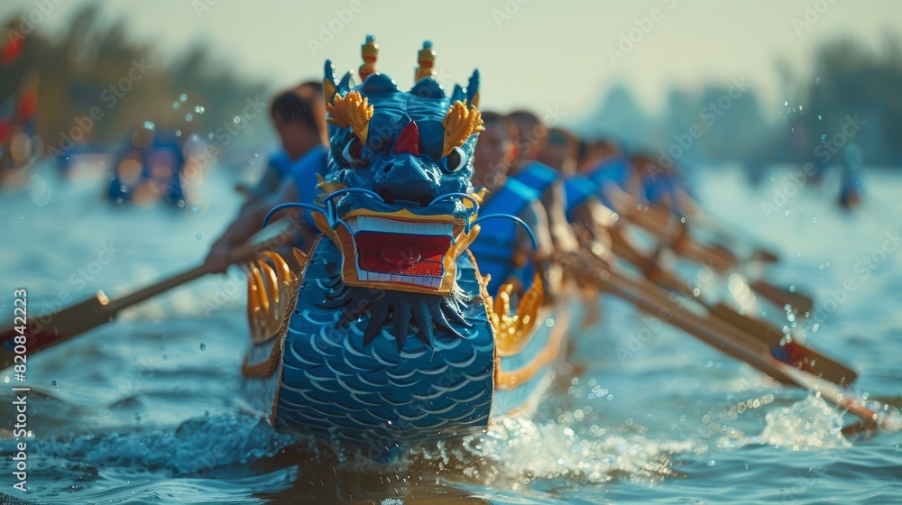 Dynamic chinese dragon boat race captured with a vibrant blue dragon ...