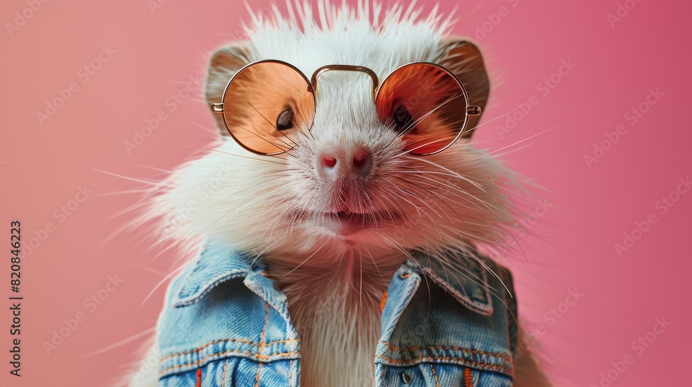 A photo of a guinea pig wearing a denim jacket and sunglasses, with its ...