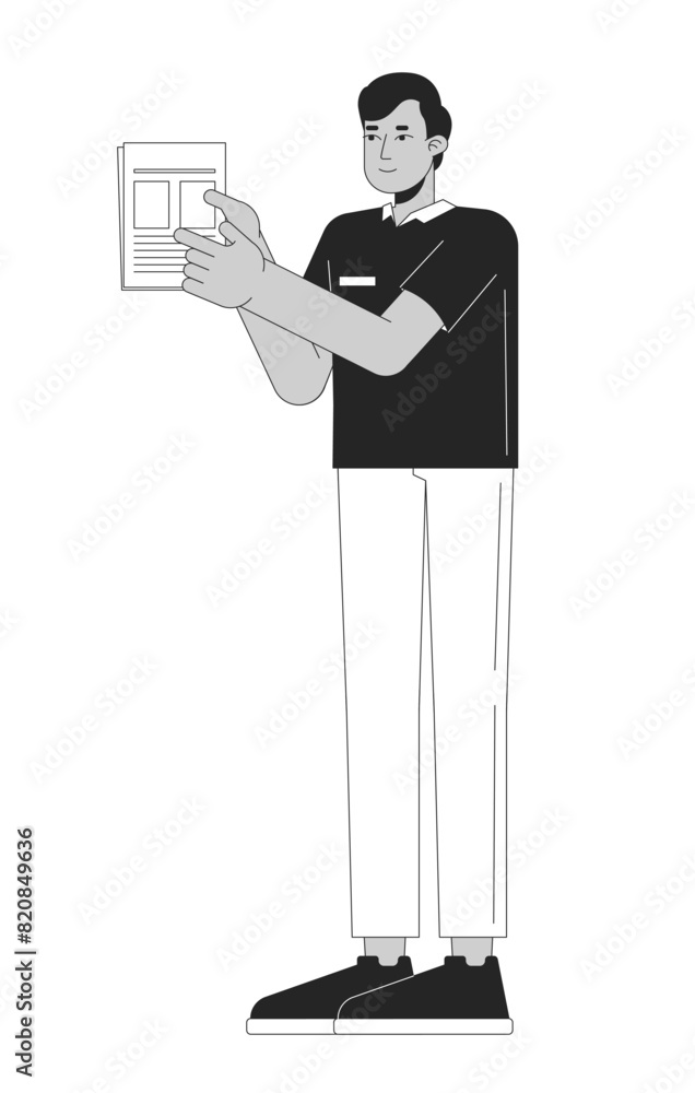Indian man showing papers black and white 2D line cartoon character ...