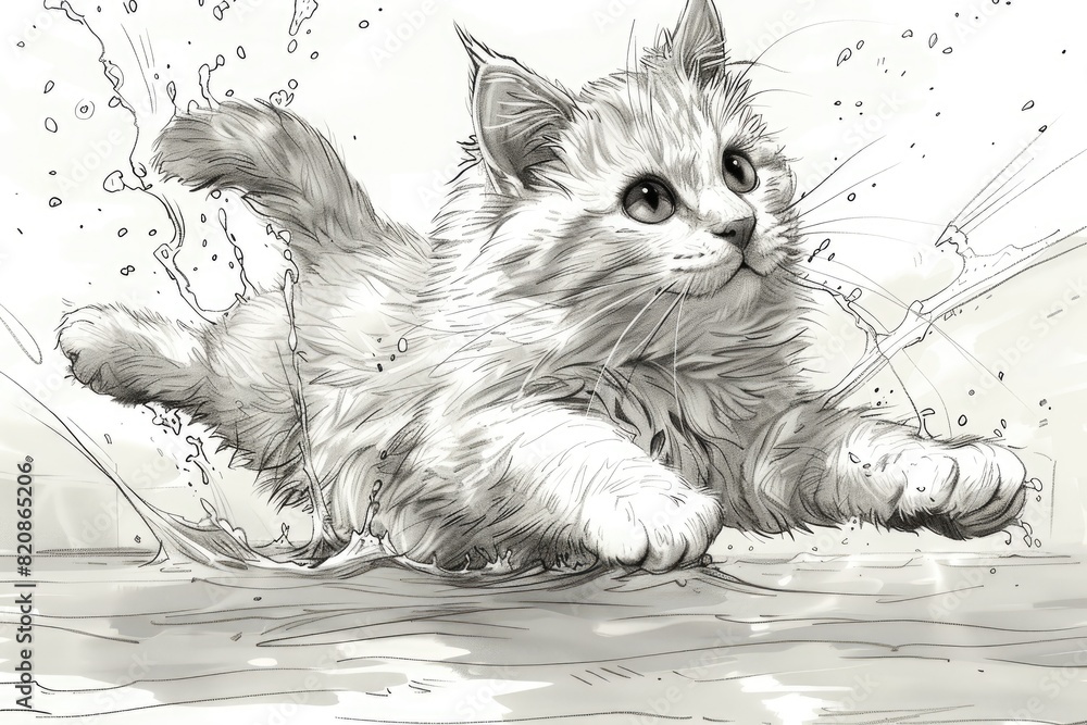 Cat smiling, funny, cat plays in a puddle in summer. Animals coloring ...