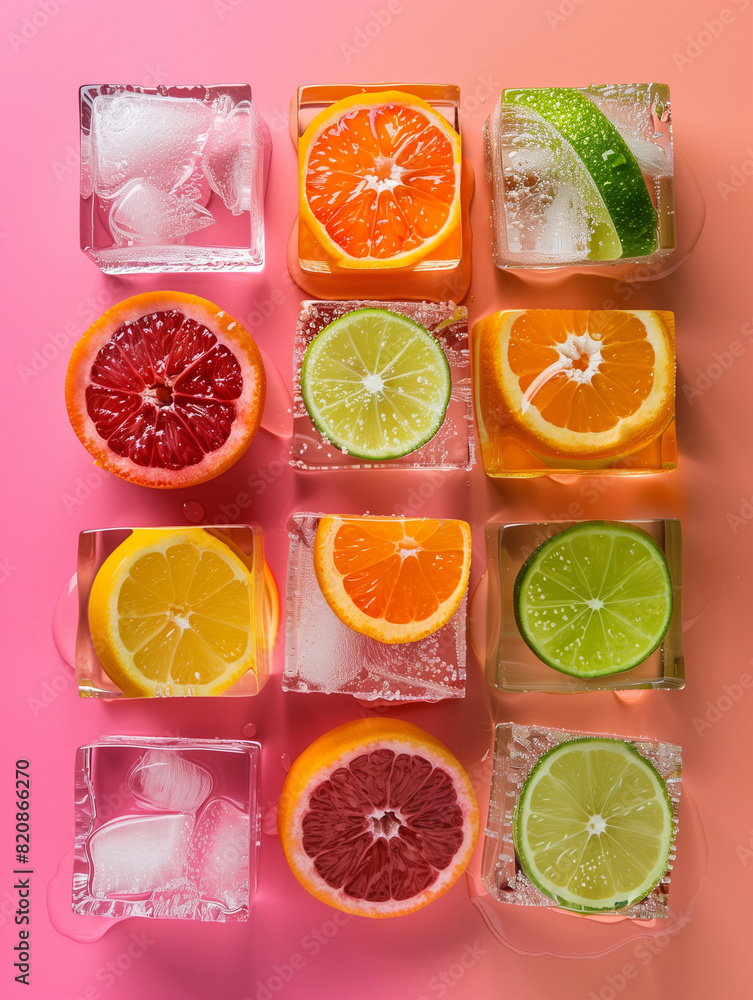 Citrus ice cubes. Frozen lime, orange and lemon on pink gradient ...