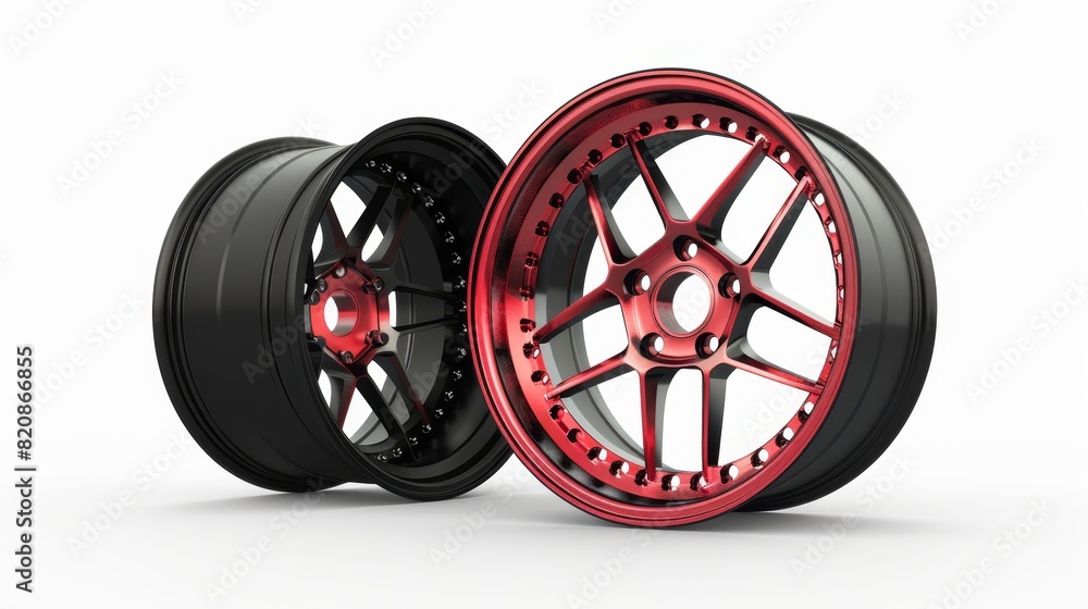 Isolated front and side views of sport car wheel with red brake gear ...