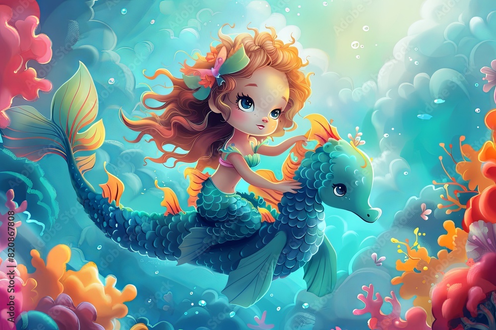 beautiful baby mermaid riding a giant seahorse, illustration cartoon ...