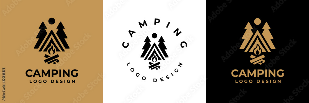 Simple camping logo with tent shape, tree and fire. camping outdoors ...