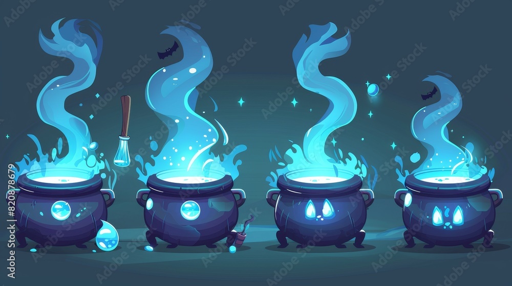 Old cooking boiler with scary devil face, brew, and steam. Modern ...