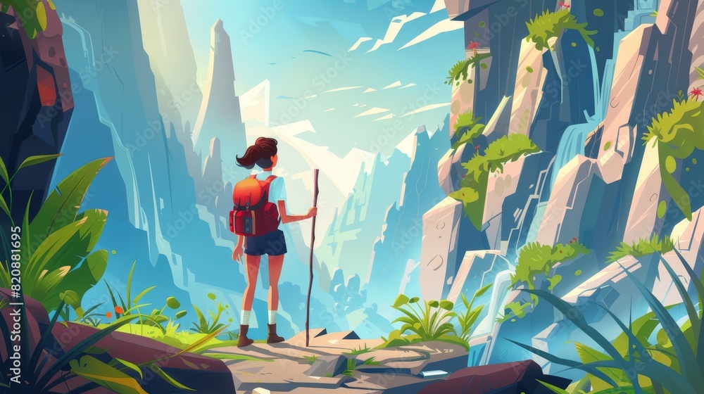 Hiker with backpack in canyon on parallax background. Cartoon ...