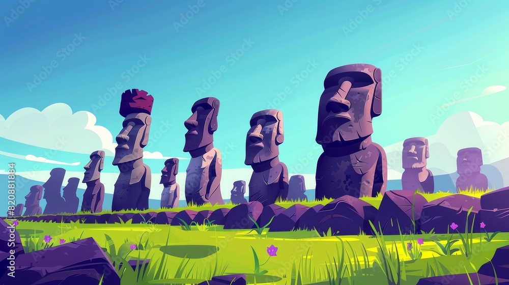 2D landscape with Moai statues and pyramids for game. Easter Island ...
