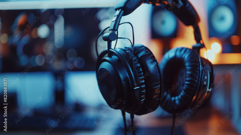 premium matte black headphones hanging on a simple modern headphone ...