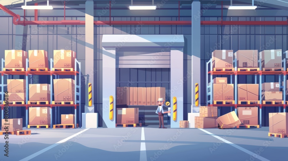 Typical warehouse interior with workers, pallets, cardboard boxes and ...