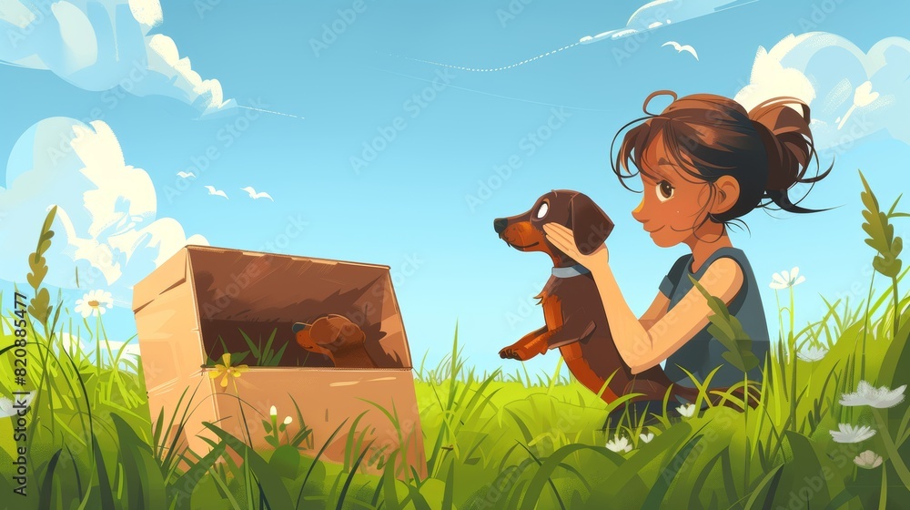 Cartoon posters. A happy little girl finds a dachshund puppy in a ...