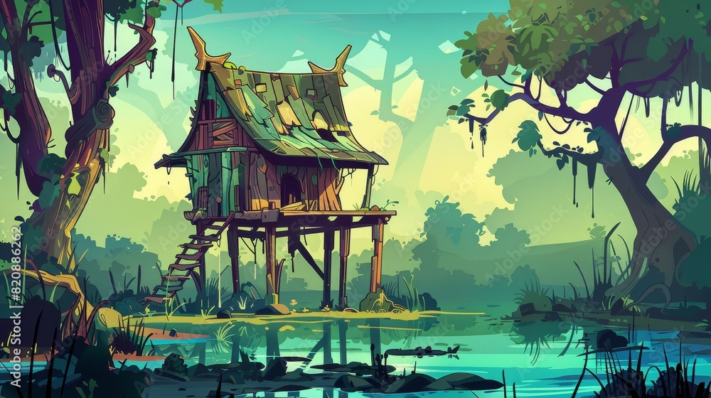 Forest swamp with wooden stilt house. Old shack stands in wood quag ...