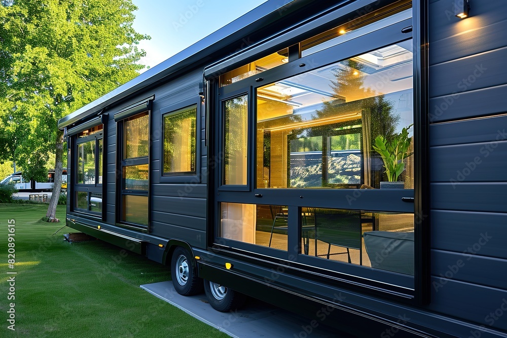 modern mobile home trailer parked in a lush green field, luxury RV ...