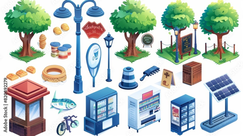 An illustration of street objects including isometric trees, street ...