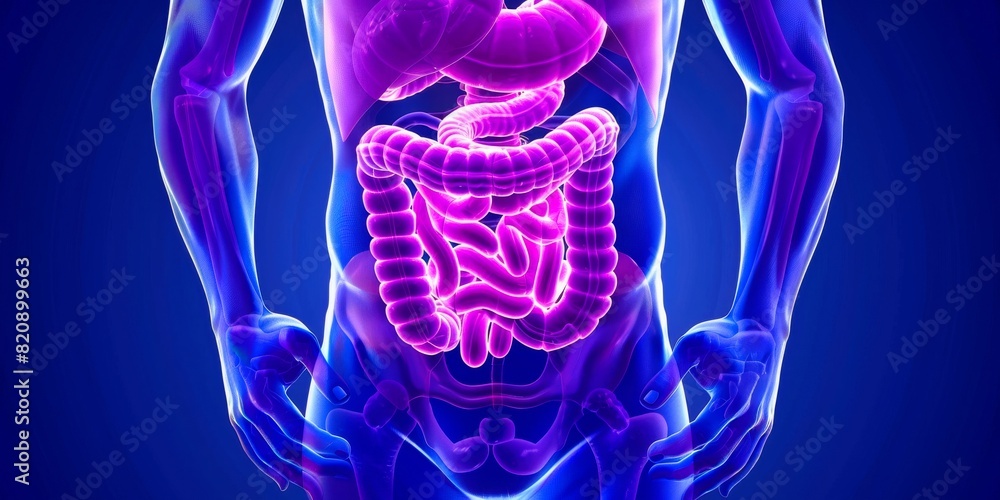A vibrant digital rendering of the human digestive system, featuring ...