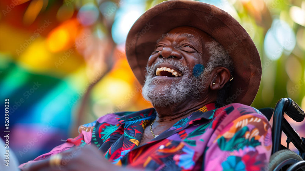 Happy elderly black gay man in wheelchair smiling outdoors enjoying ...