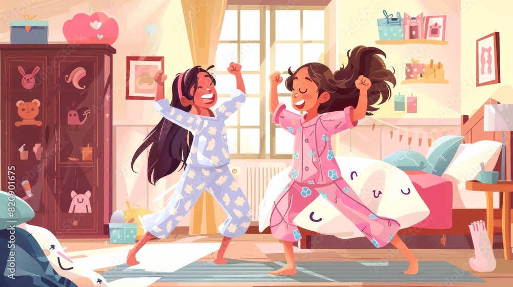 Cartoon linear flat modern illustration of cute girls wearing pajamas ...
