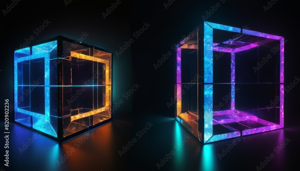Two Glowing Cubes With Blue And Orange Lights Stand In A Dark Space Creating A Futuristic And