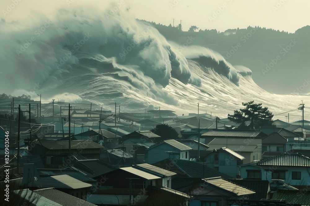 Storm, tsunami. A big wave, flooding of the city. The water element of ...