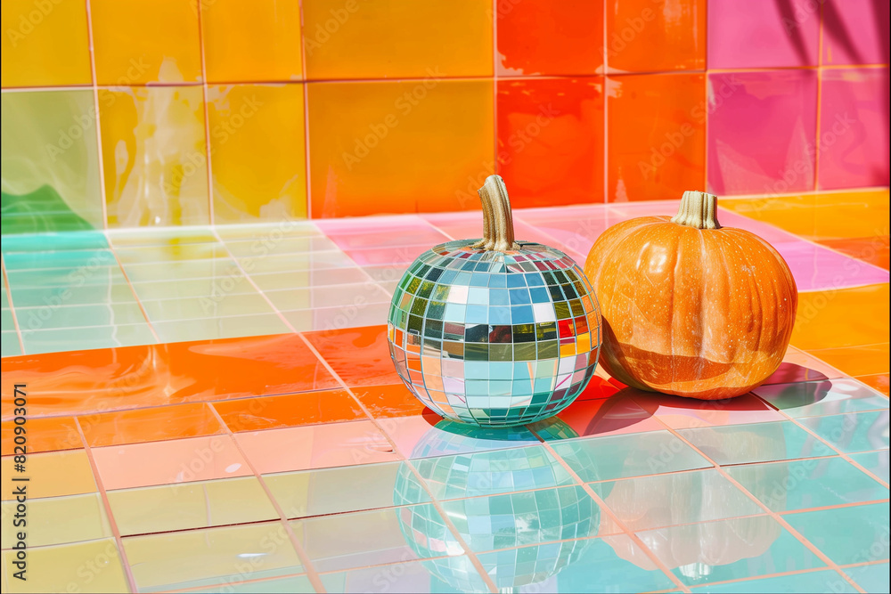 Fun silver ceramic metallic shiny disco ball pumpkin decor rainbow ...