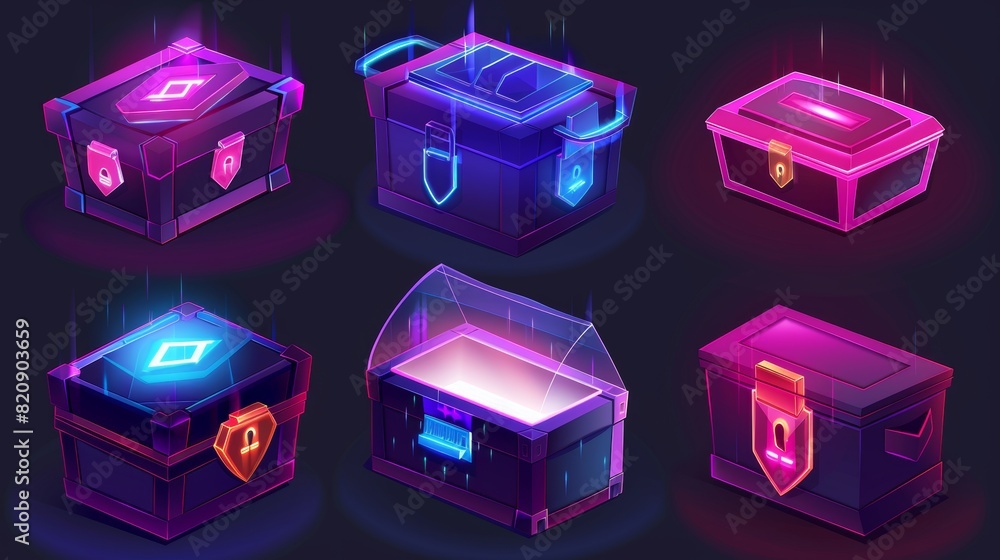 Game futuristic boxes, future technology chests open and closed. Sci-fi ...
