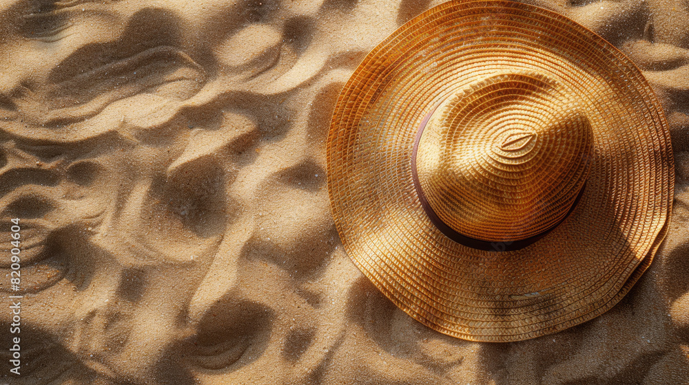 top view of woman beach straw hat on sandy beach sand texture ...