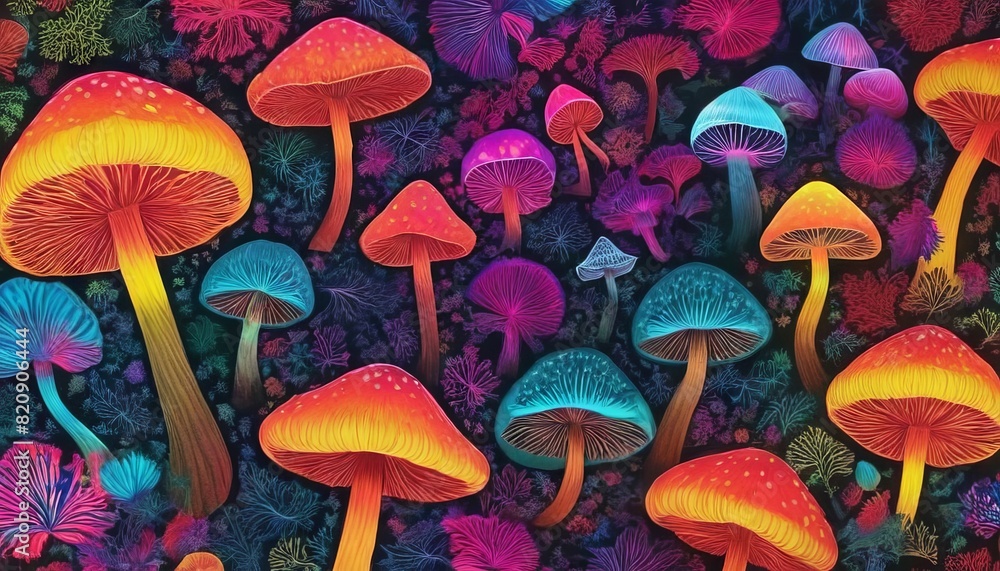 An array of neon-colored mushrooms in a fantasy forest setting. The ...