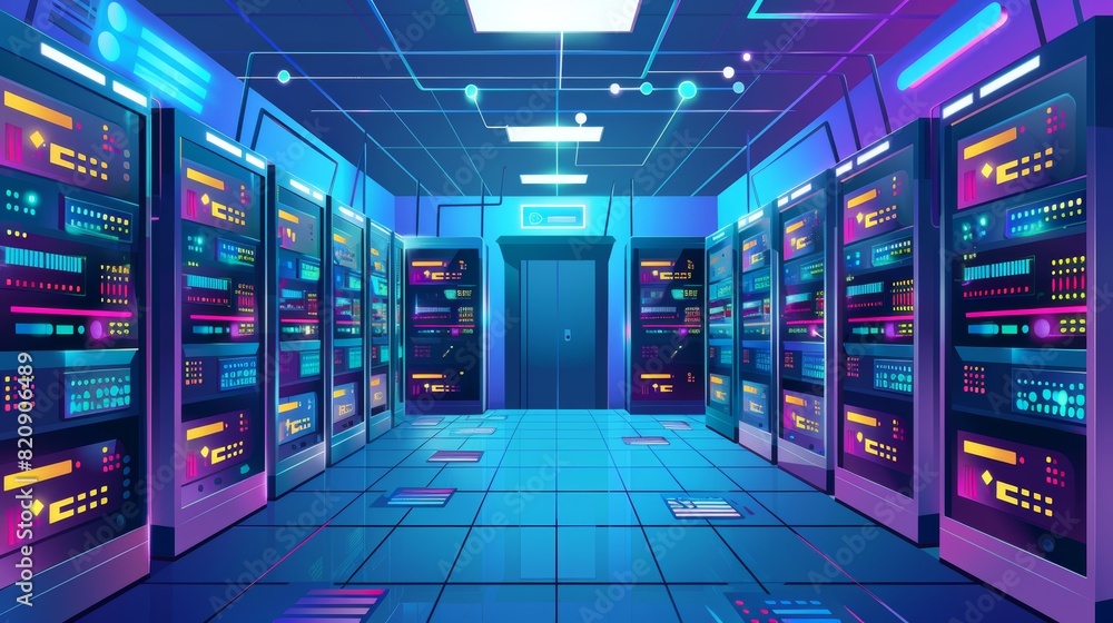 An illustration of a data storage room, network communication system ...