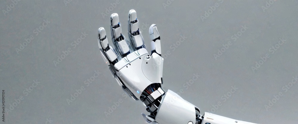 A detailed image of a white robotic hand with an open palm against a ...
