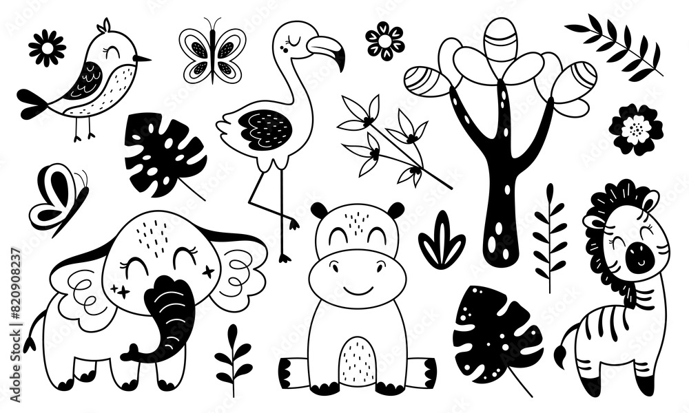 Jungle animals clipart. Black and white tropical clipart. Safari animal ...