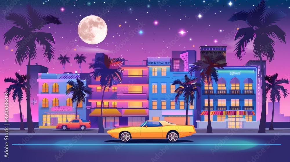 Nighttime Miami city street with buildings, palm trees. Hotel, food ...